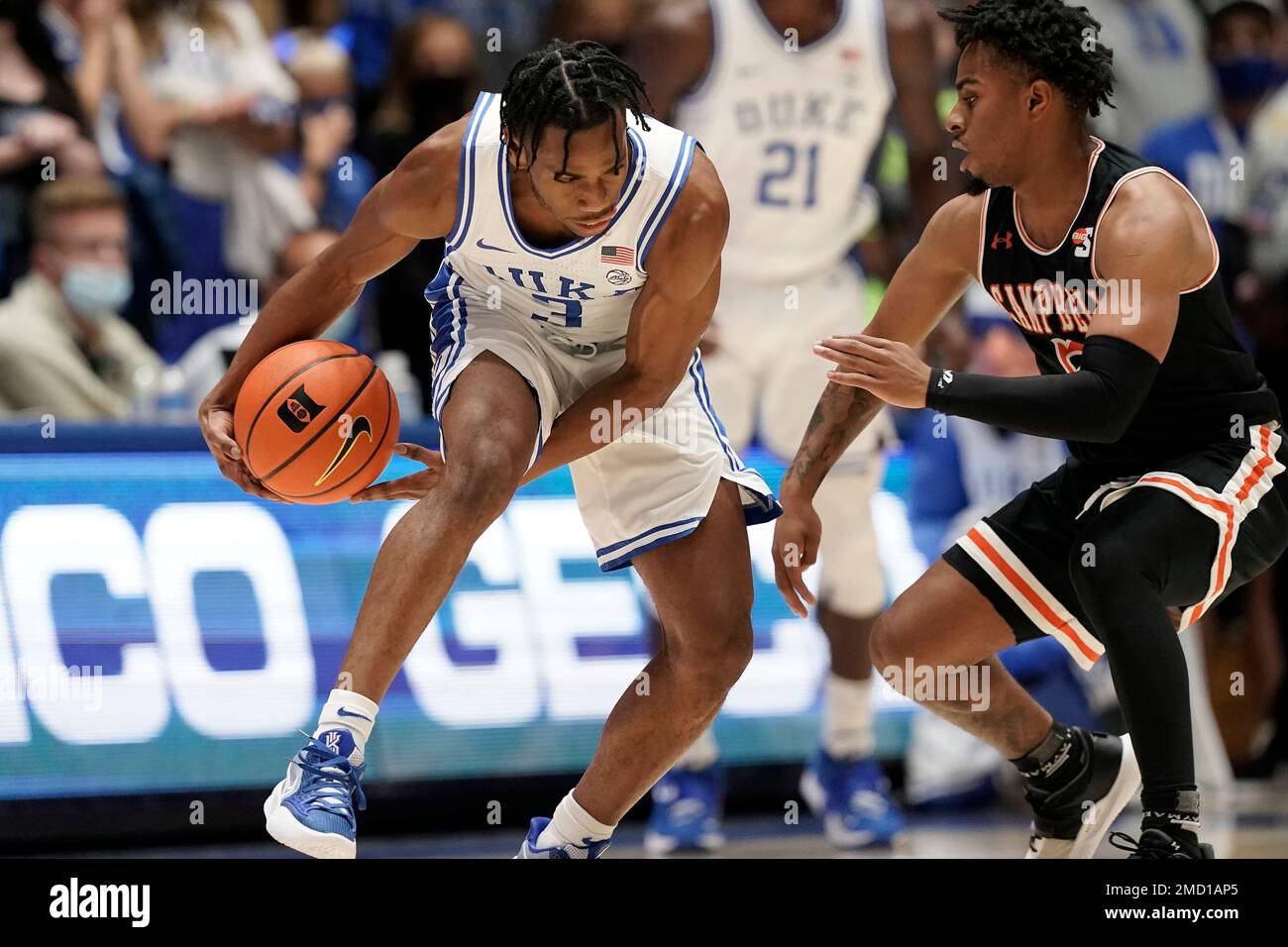 Duke guard Jeremy Roach (3) dribbles while Campbell guard Messiah Thompson (5) defends during ...
