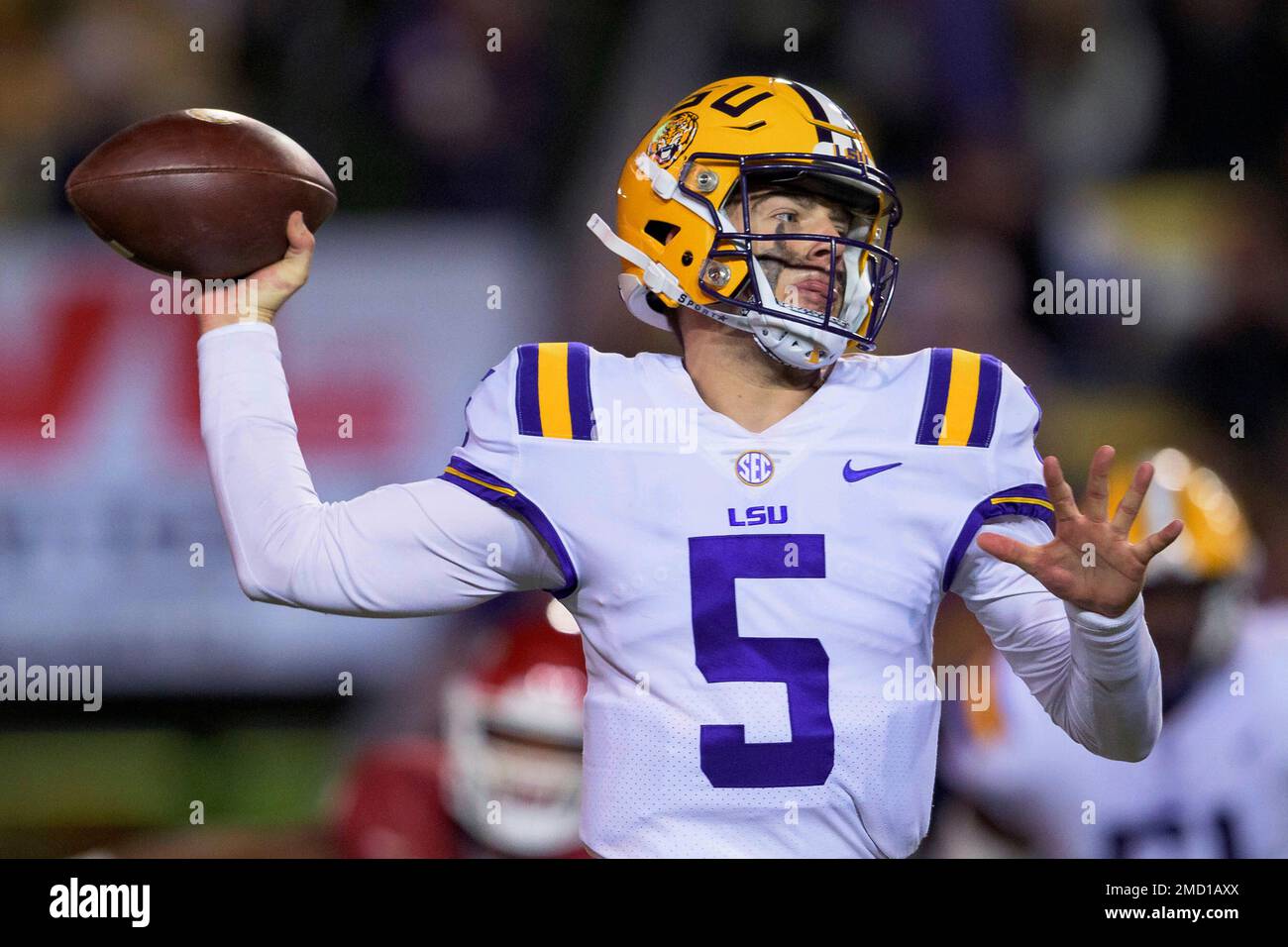 LSU quarterback Garrett Nussmeier throws a pass against Arkansas during ...