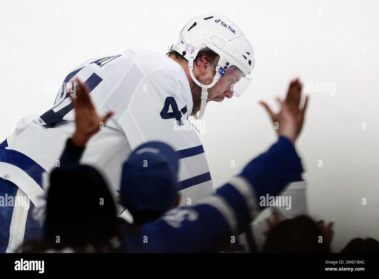Toronto Maple Leafs defenseman Morgan Rielly (44) celebrates scoring ...