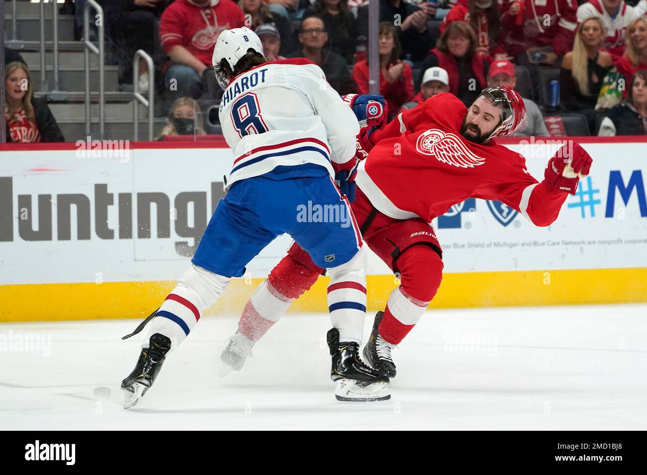 Montreal Canadiens defenseman Ben Chiarot (8) knocks Detroit Red Wings ...