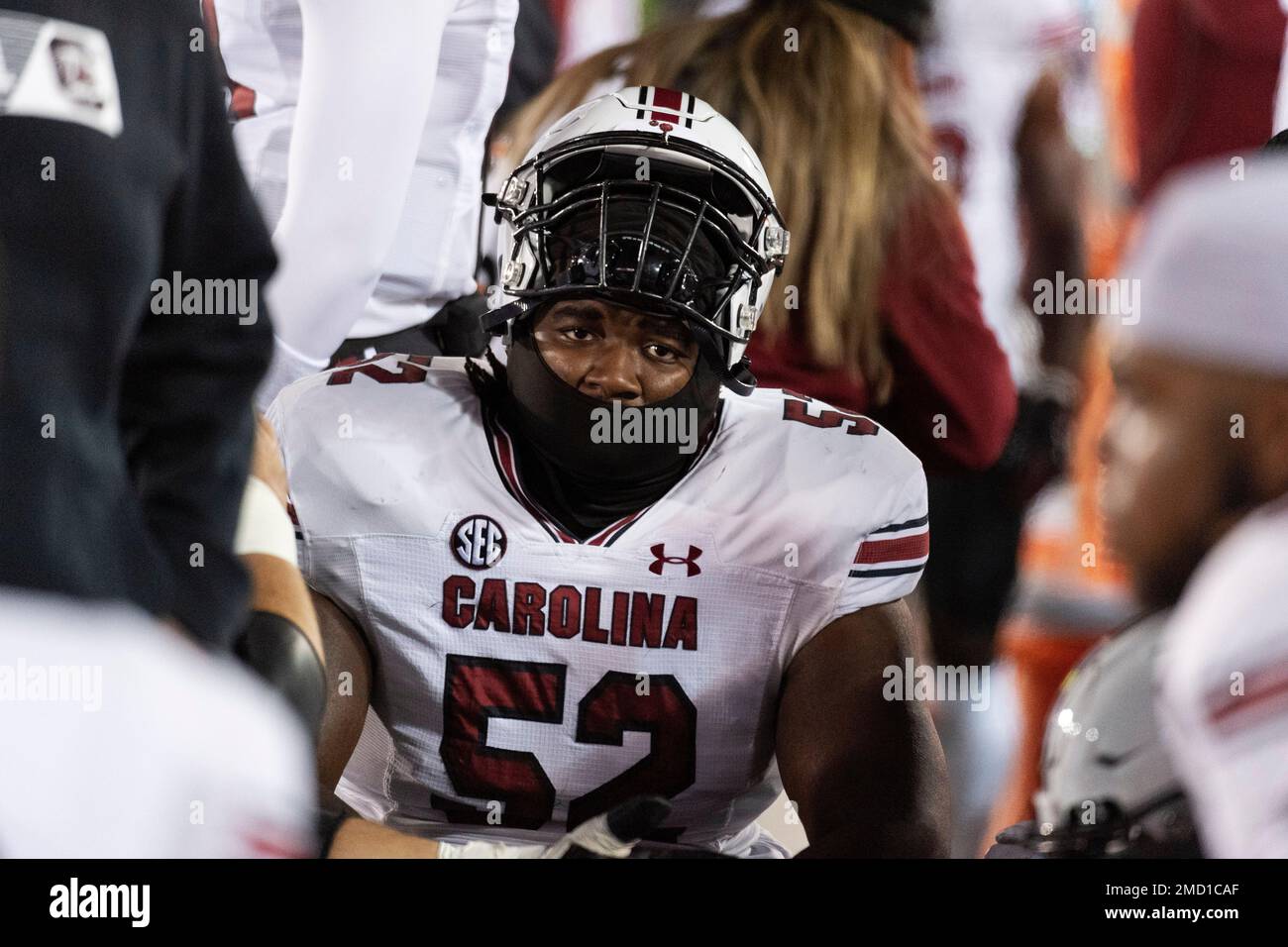 South Carolina offensive lineman Jaylen Nichols sits dejected on the ...
