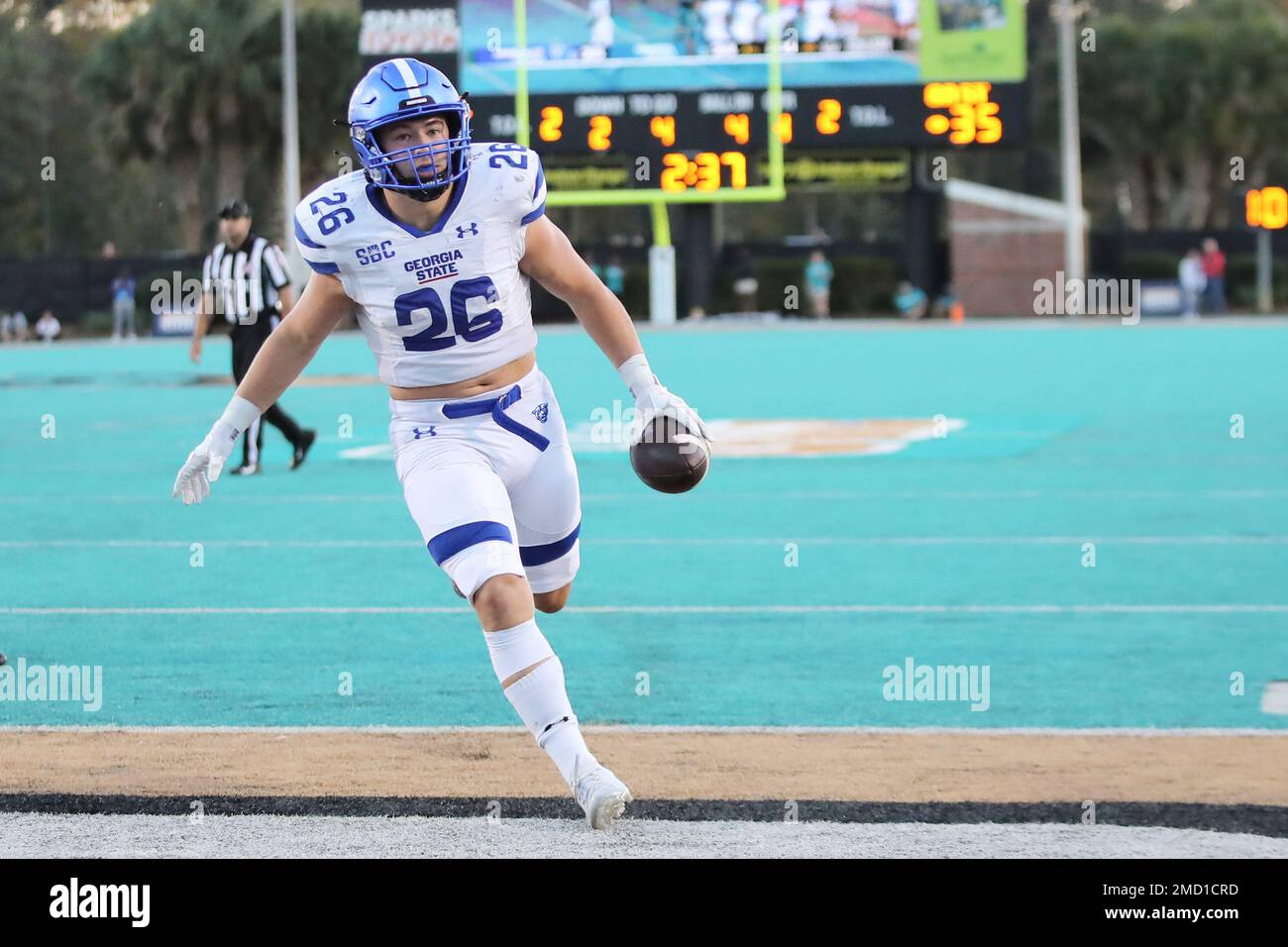 Georgia State running back Tucker Gregg (26) steps into the end zone ...