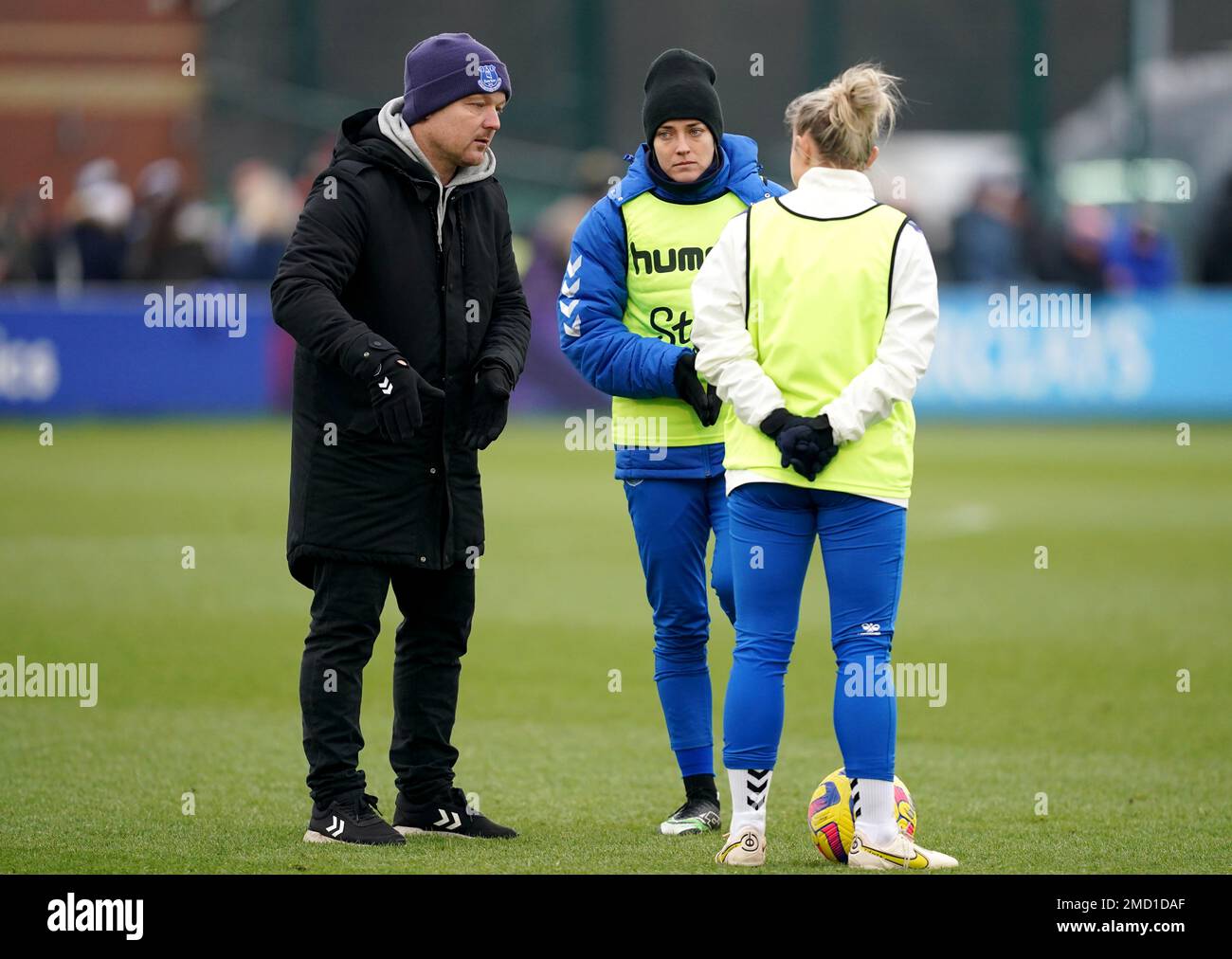 Everton manager Brian Sorensen speaks Izzy Christiansen at half time ...