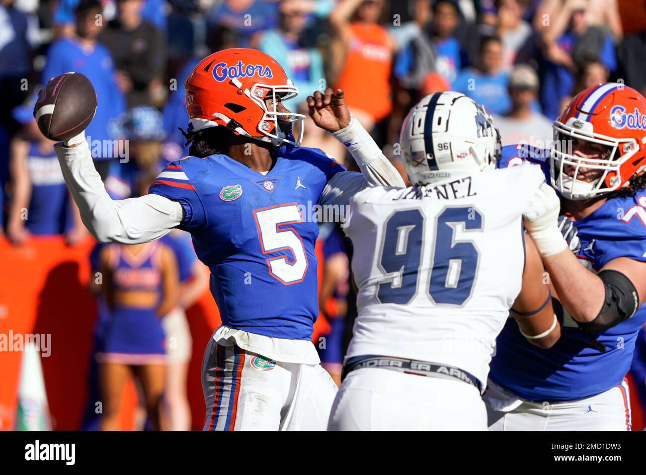 Florida quarterback Emory Jones (5) throws a pass as he is pressured by ...
