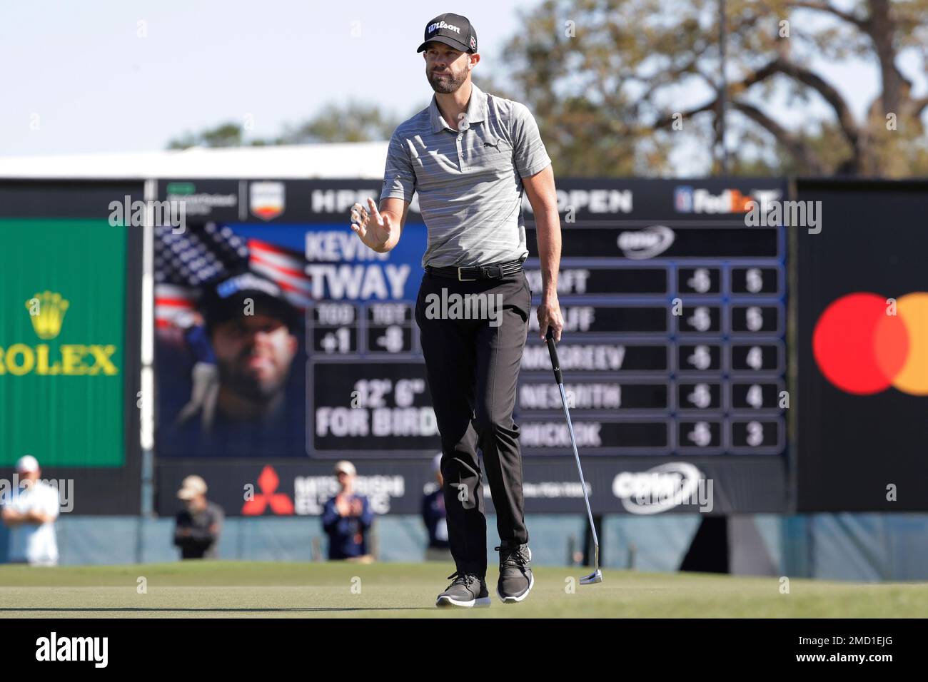 Kevin Tway acknowledges the gallery after sinking his putt on the third ...