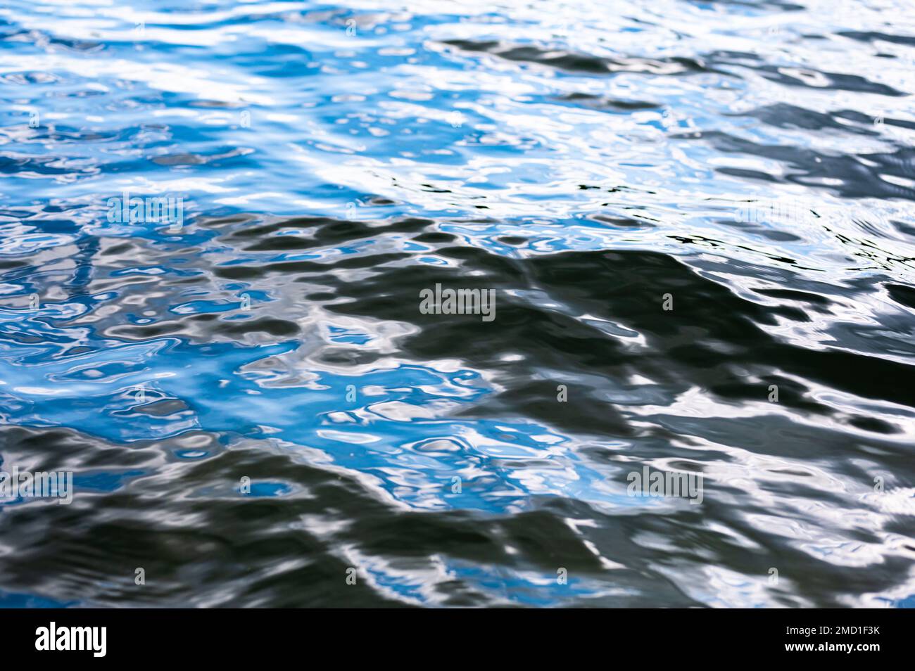 High shutter speed closeup shot of a wavy lake water flow. Deep blue ...