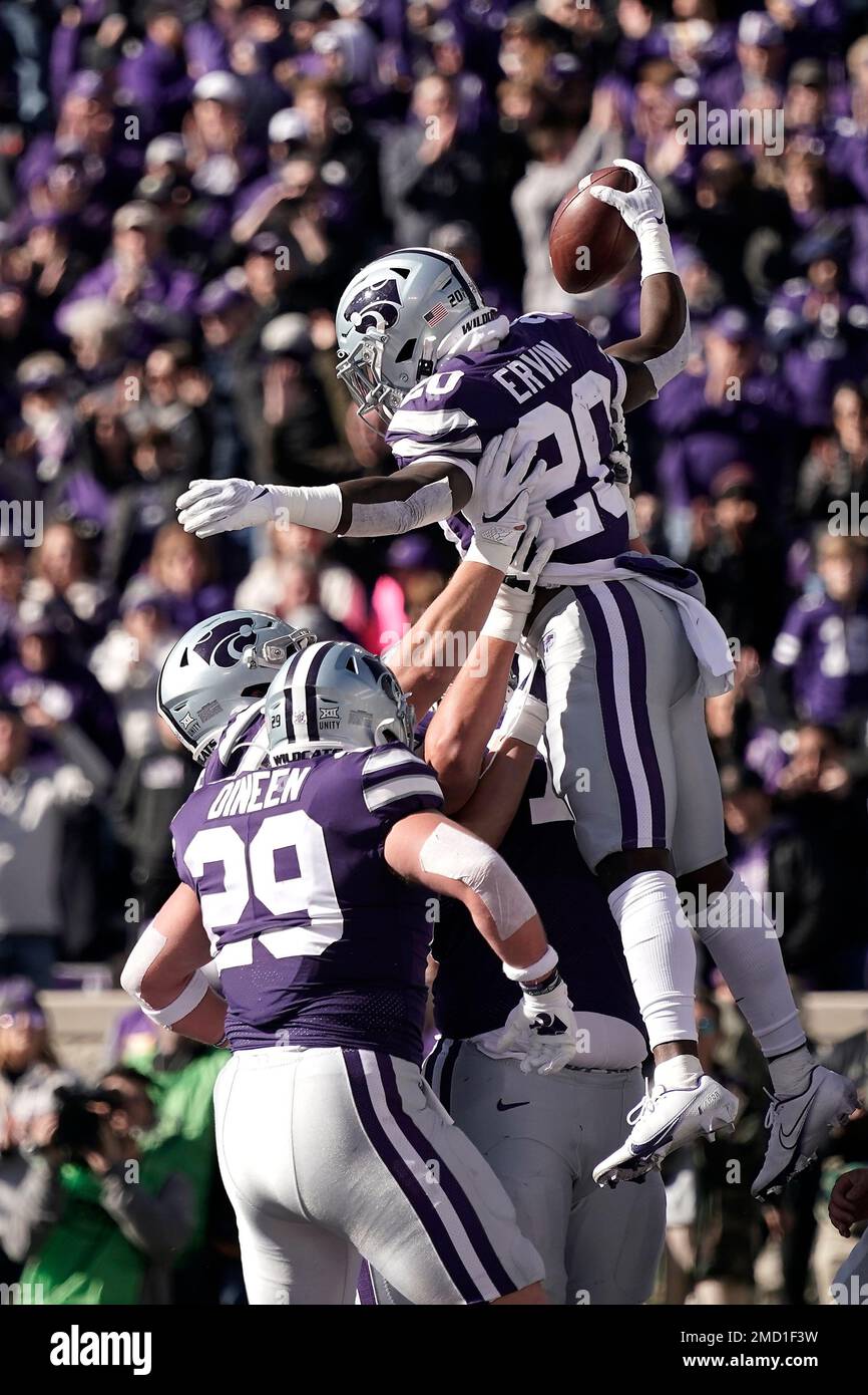 Kansas State running back Joe Ervin (20) celebrates with teammates ...