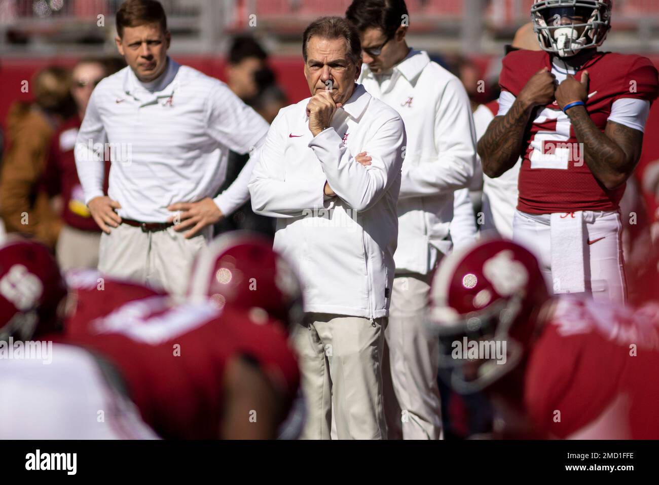 Alabama head coach Nick Saban, center, watches warm-ups before an NCAA ...