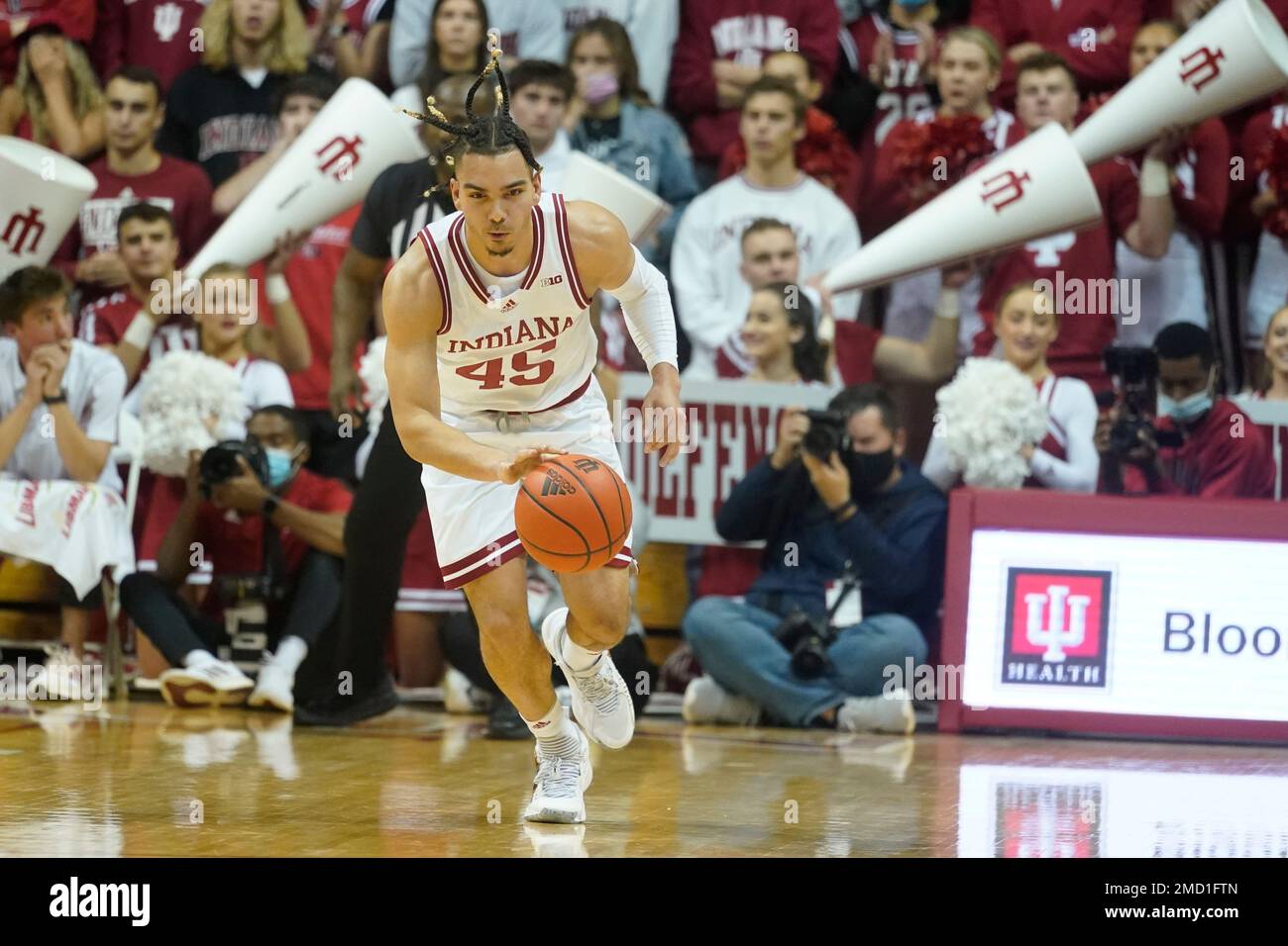 Indiana's Parker Stewart (45) dribbles during the second half of an ...