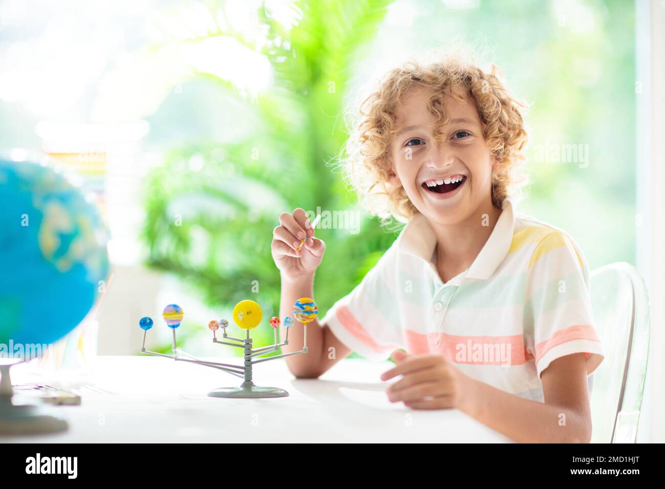 Child with solar system model. Kids planetarium. Little boy coloring ...