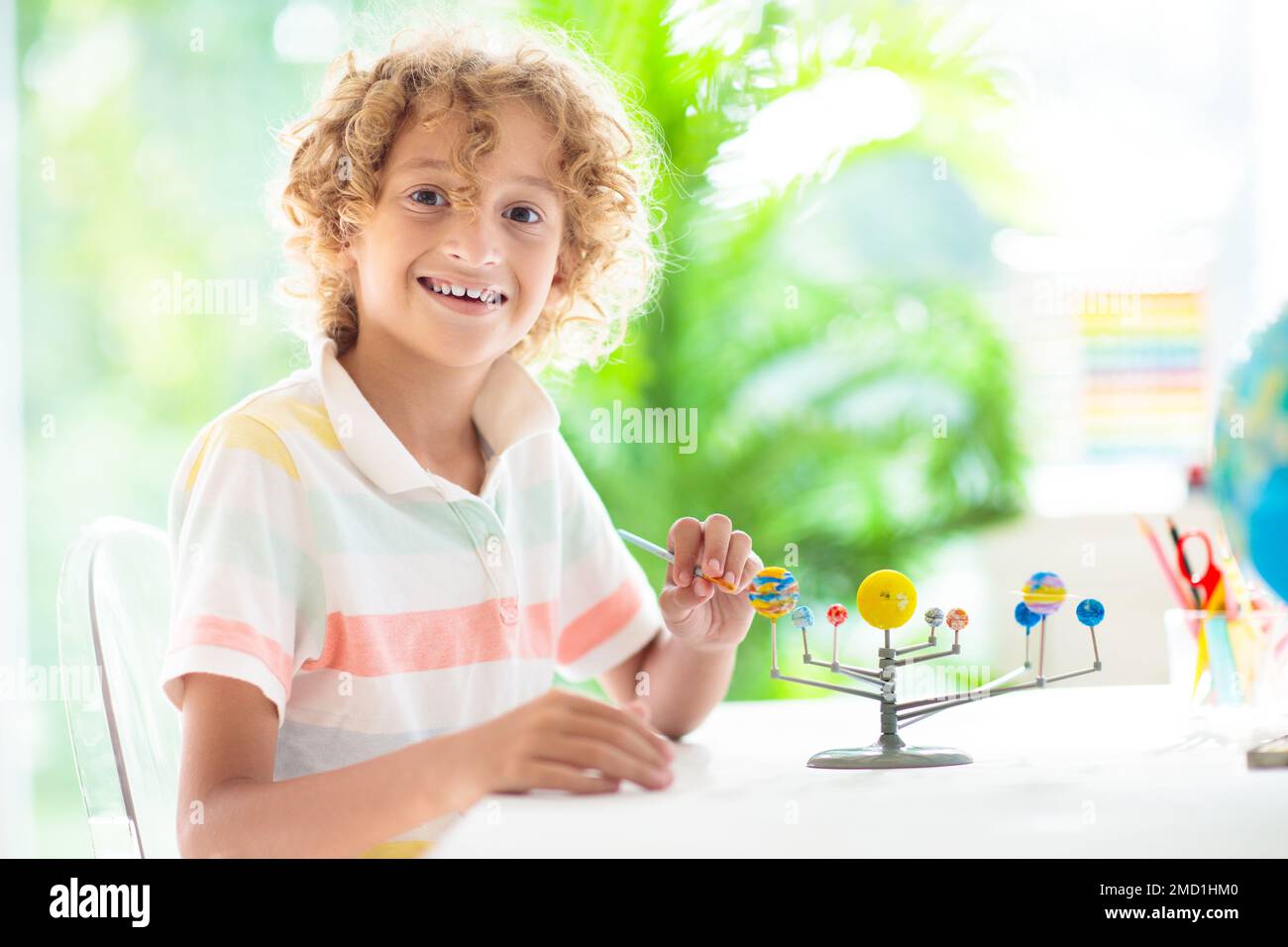 Child with solar system model. Kids planetarium. Little boy coloring ...