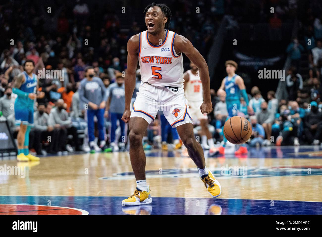 New York Knicks guard Immanuel Quickley (5) reacts during the second ...