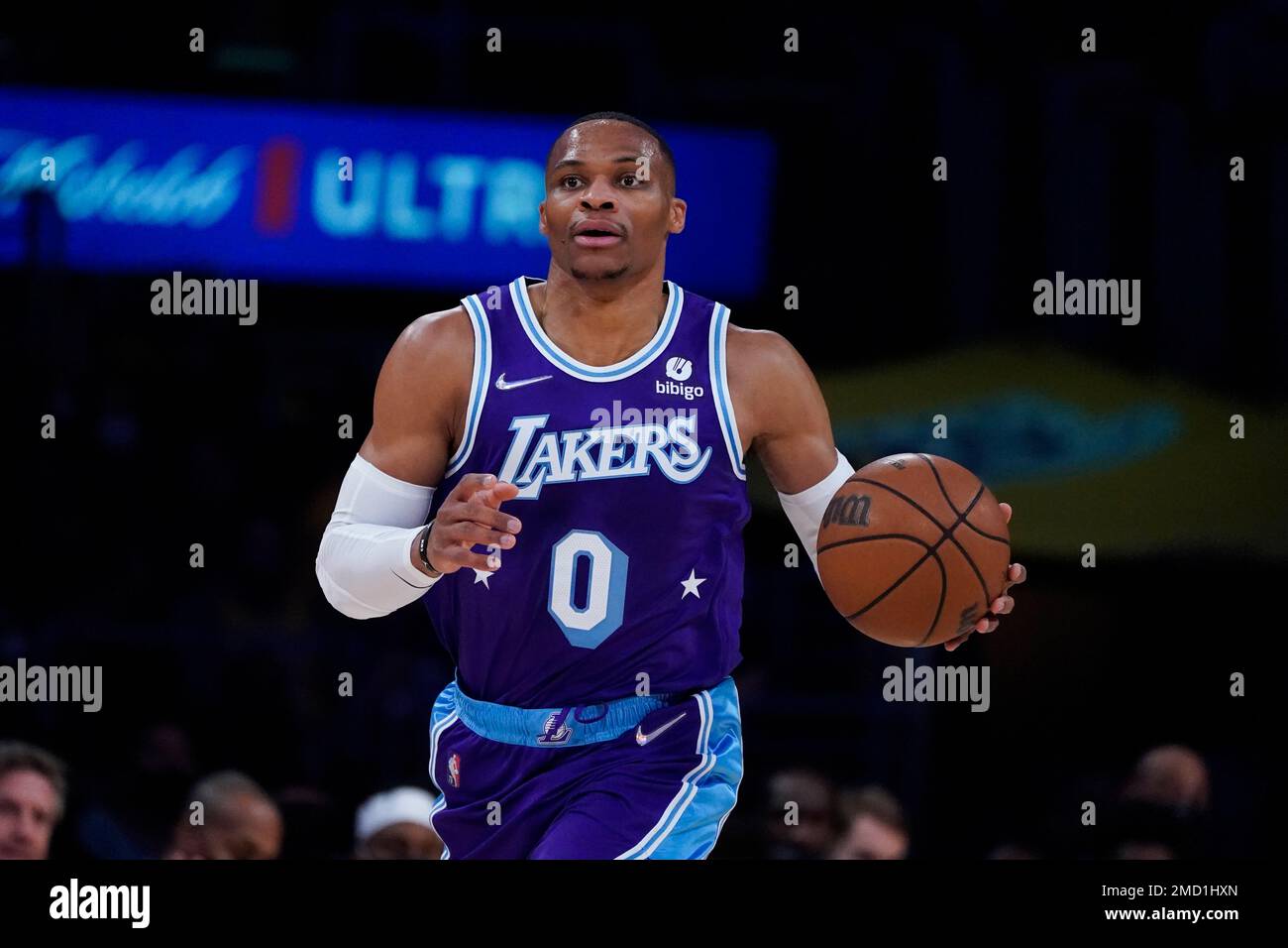 Los Angeles Lakers' Russell Westbrook dribble the ball during the first ...