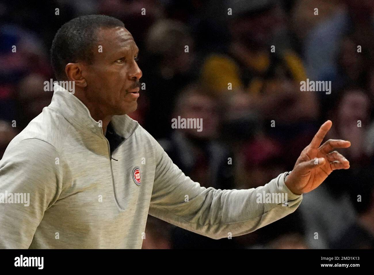 Detroit Pistons head coach Dwane Casey gives instructions to players in ...