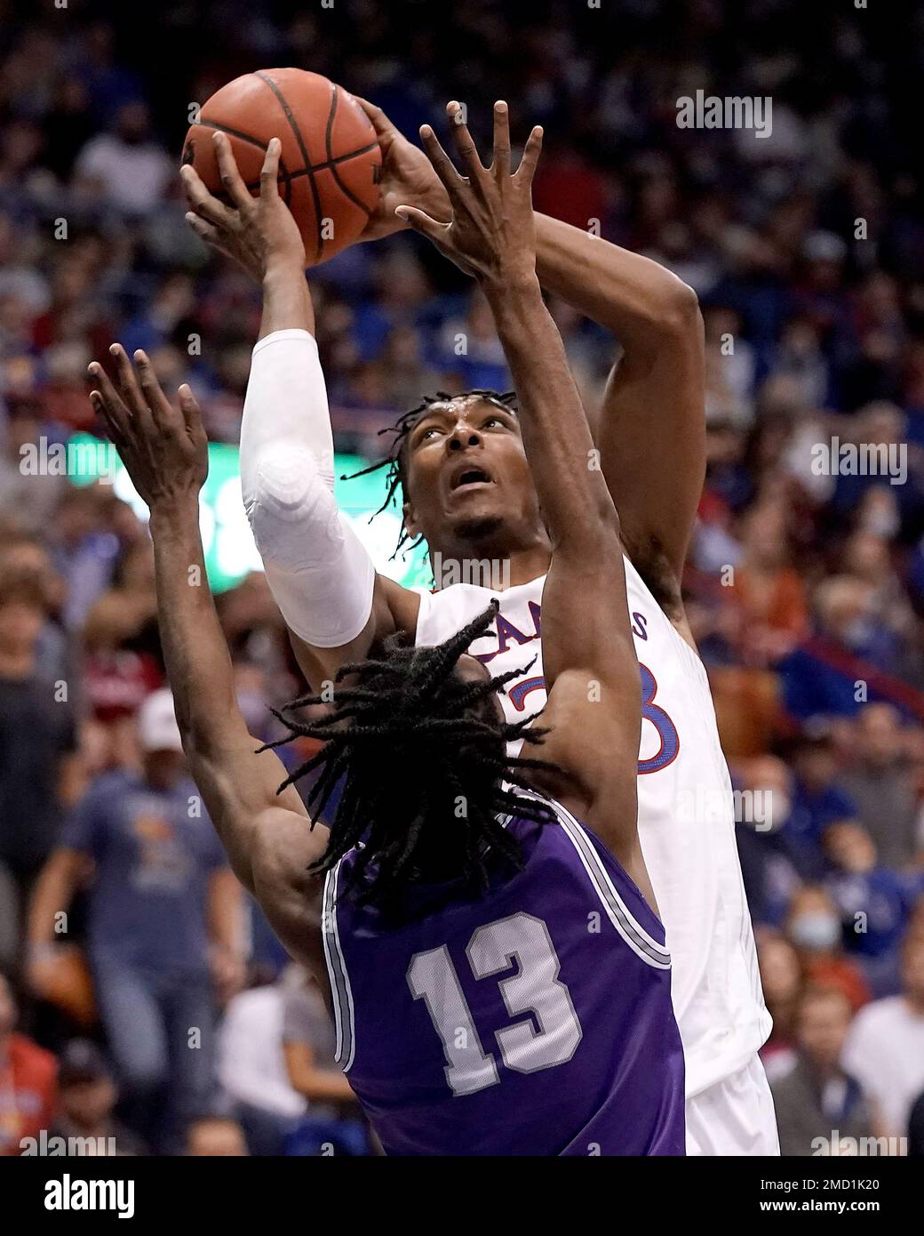 Kansas' David McCormack shoots over Tarleton State's Shakur Daniel (13 ...