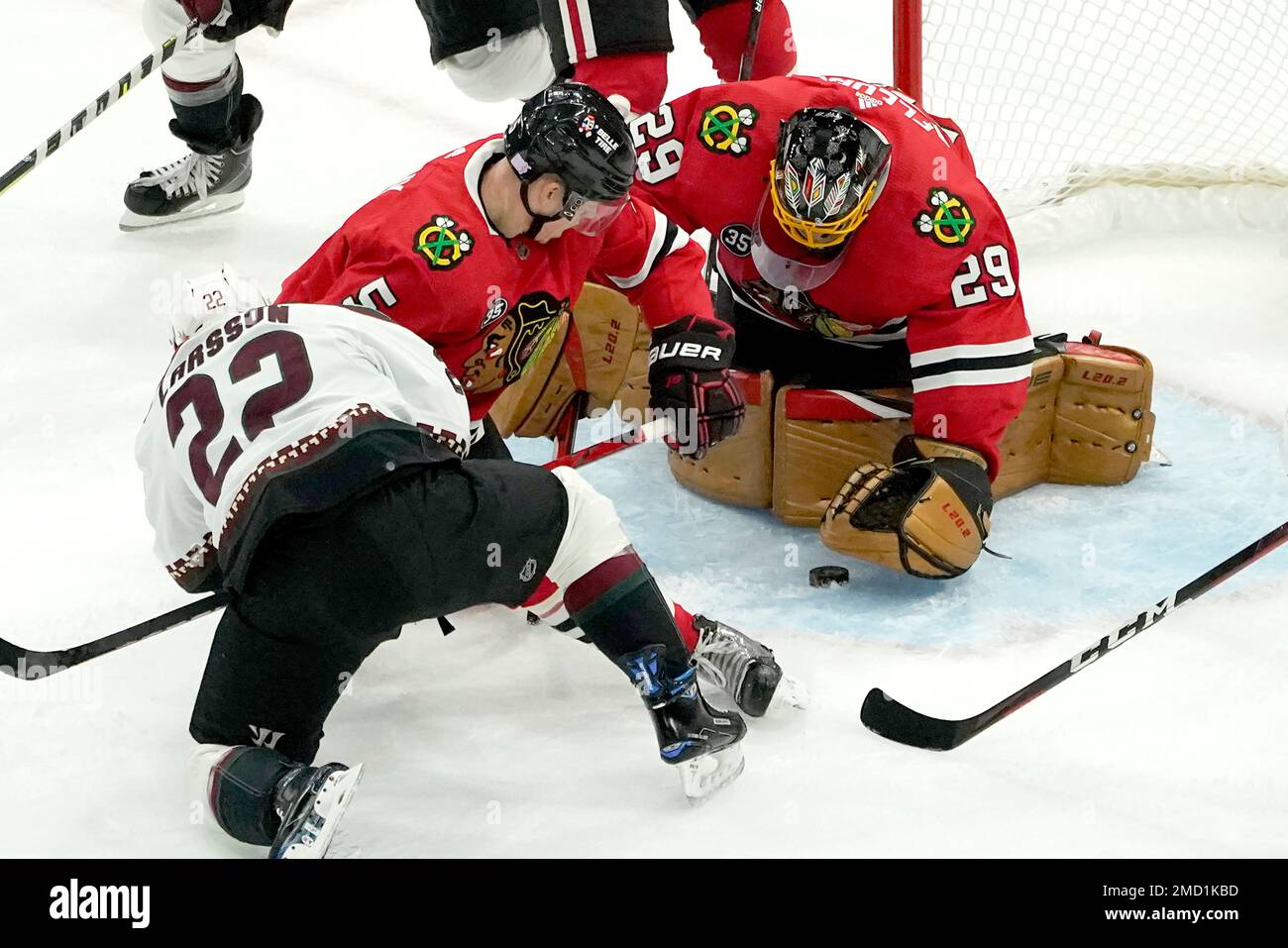 Chicago Blackhawks goaltender Marc-Andre Fleury (29) makes a glove save ...
