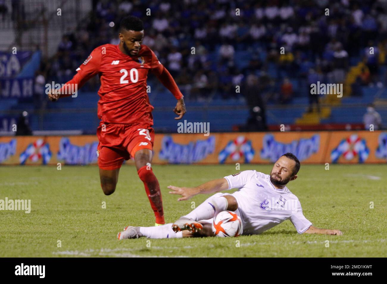 Panama's Freddy Gondola (20) and Honduras' Alfredo Mejia fight for the ball during a qualifying ...