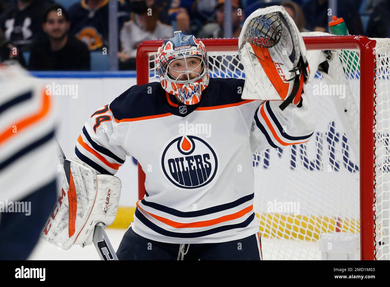 Edmonton Oilers goaltender Stuart Skinner (74) keeps his eyes on the ...