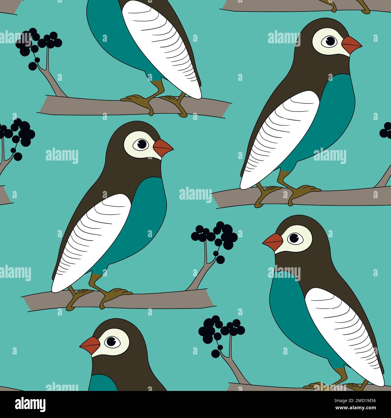 Seamless pattern with funny colorful birds, flowers, leaves and berries ...