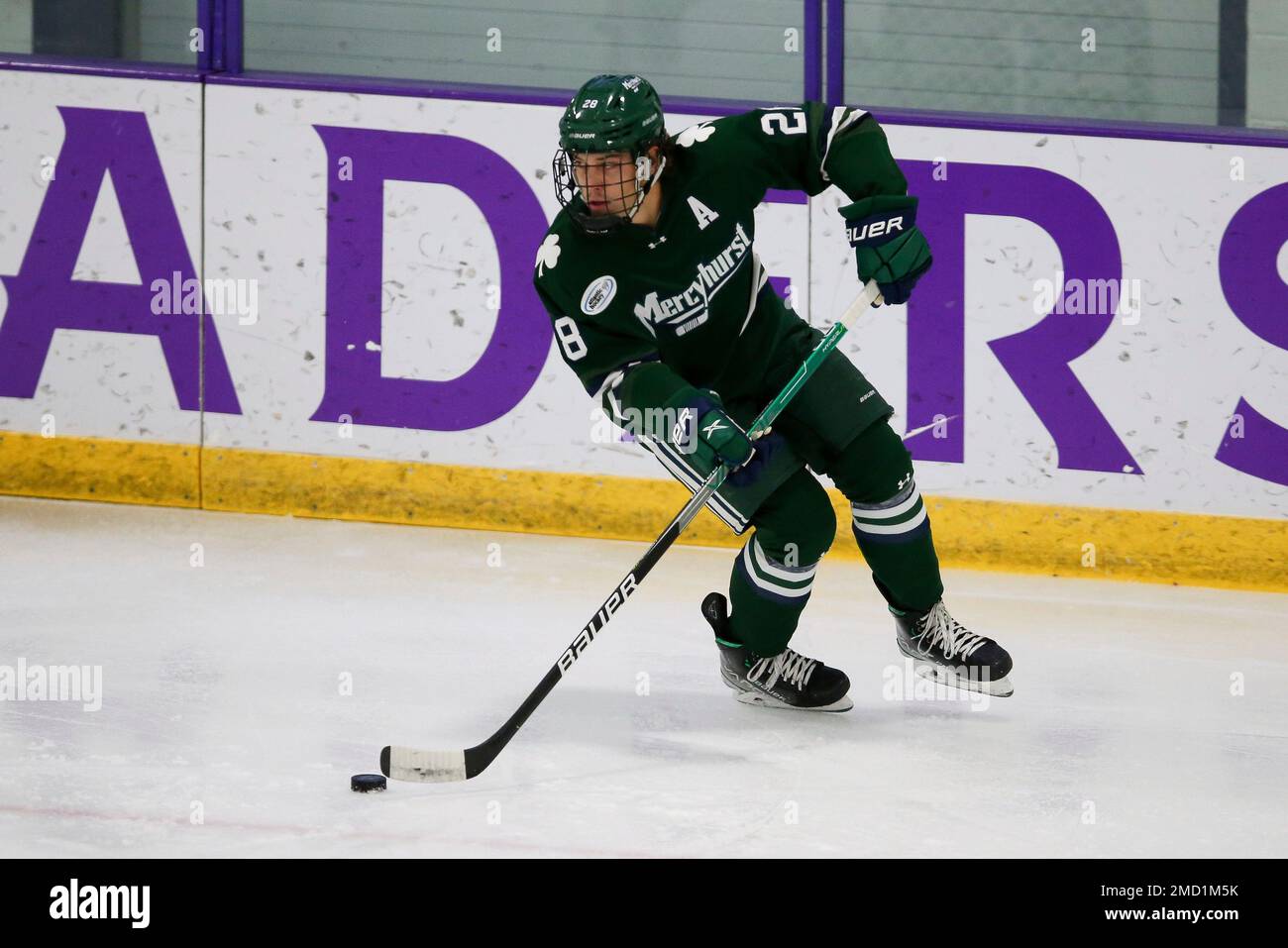 Mercyhurst's Josh McDougall (28) skates with the puck during the first ...