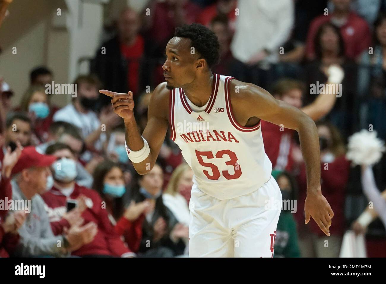 Indiana's Tamar Bates (53) reacts after hitting a shot during the first ...