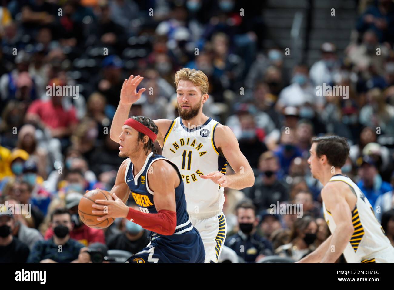 Denver Nuggets forward Aaron Gordon (50) and Indiana Pacers forward Domantas Sabonis (11) in the ...