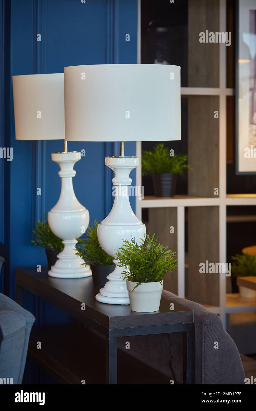 Interior decor. Two large white table lamps with large shades in a dark ...
