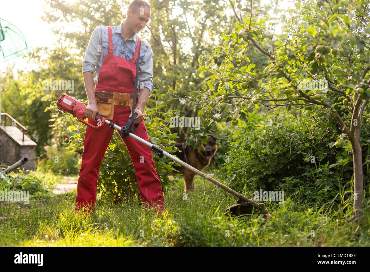 Man worker cutting grass with lawn mower Stock Photo - Alamy