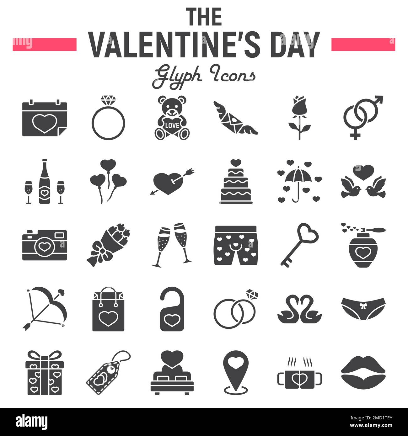 Happy Valentines Day glyph icon set, holiday symbols collection, vector ...