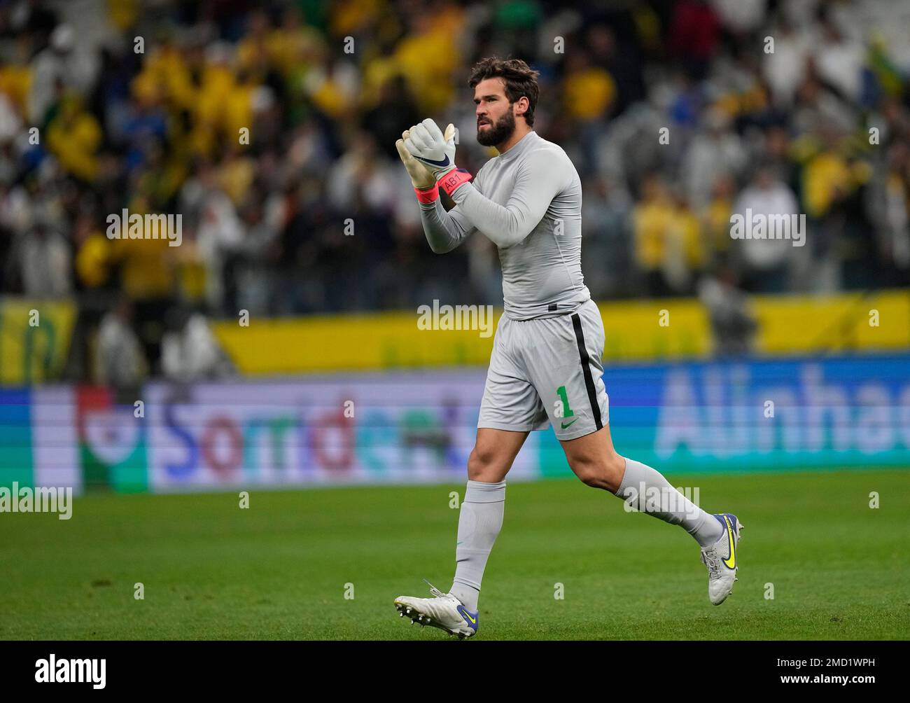 Brazil's goalkeeper Alisson celebrates at the end of a qualifying ...