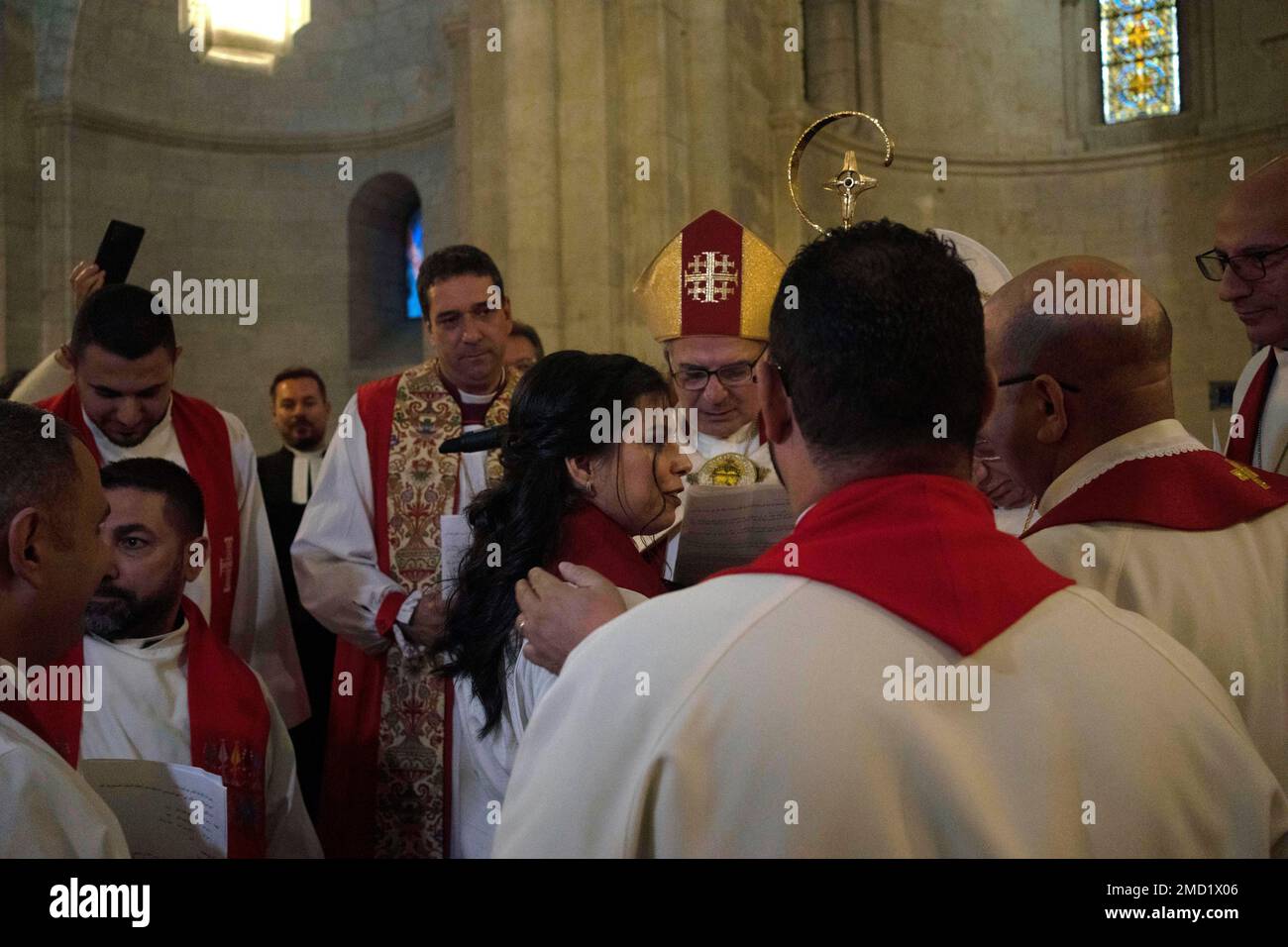 Sally Ibrahim Azar, center, a Palestinian Christian and Council member ...