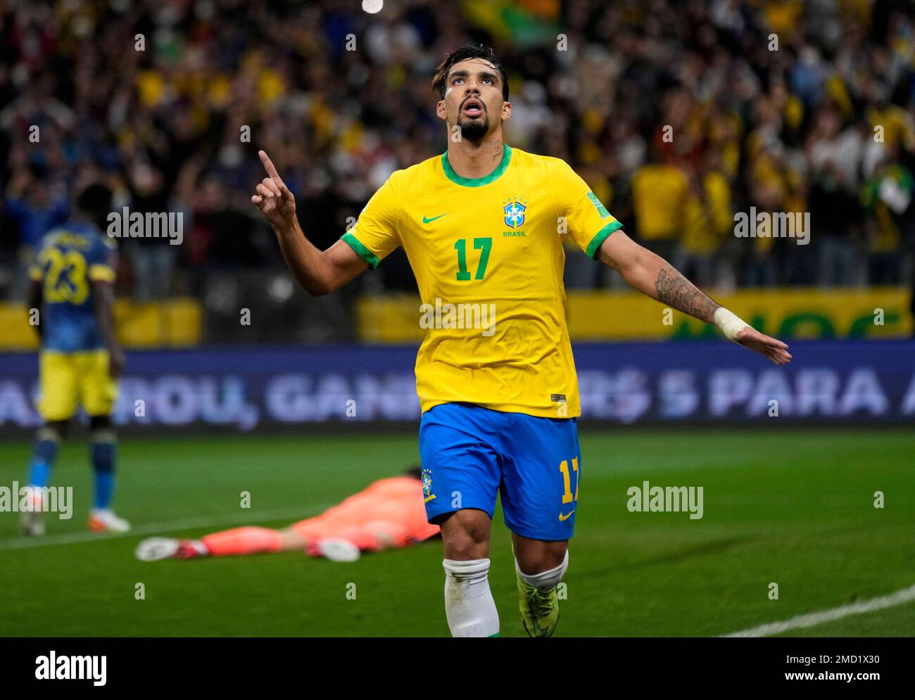 Brazil's Lucas Paqueta celebrates scoring his side's opening goal ...