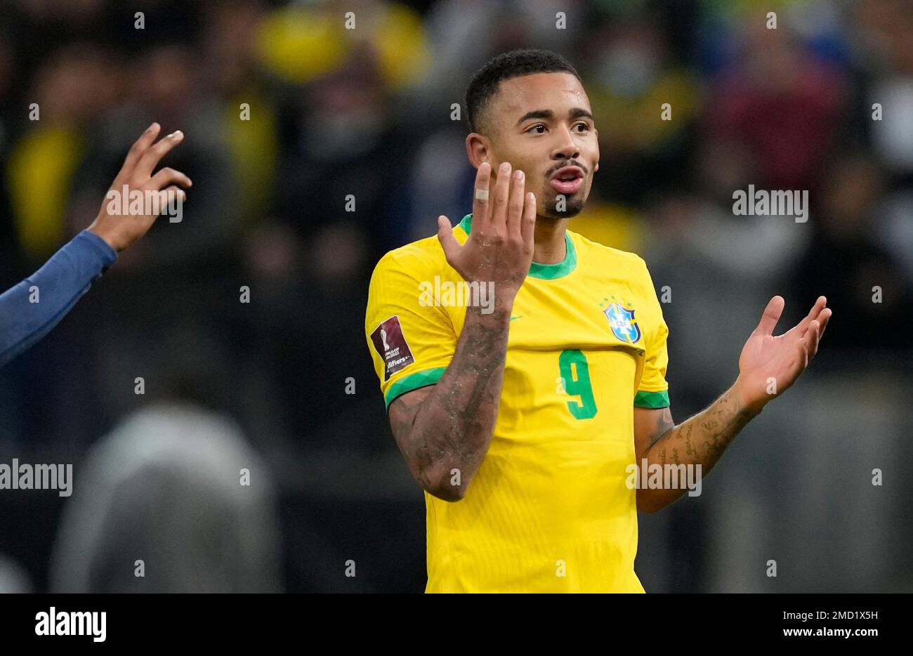 Brazil's Gabriel Jesus gestures during a qualifying soccer match ...