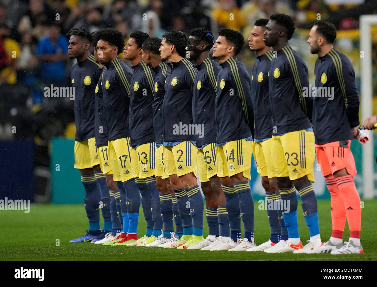 Players of Colombia line up prior to their qualifying soccer match ...