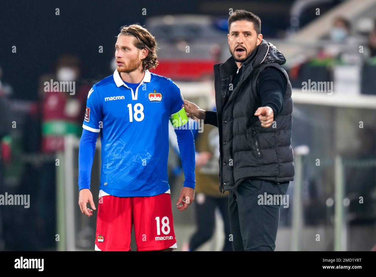 Liechtenstein's head coach Martin Stocklasa, right, gestures as he ...