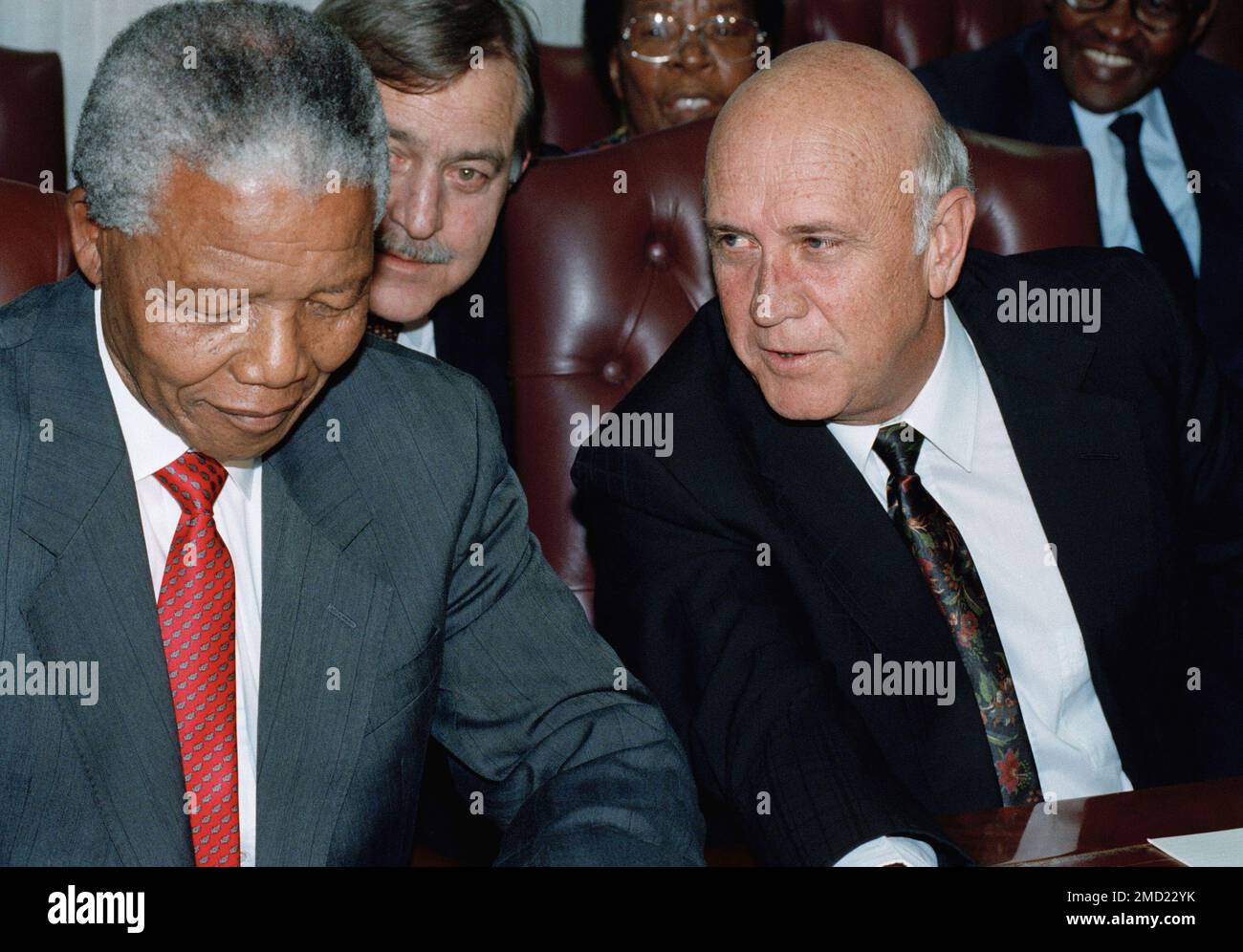 FILE — President F.W. de Klerk, right, has a word with African National Congress President ...