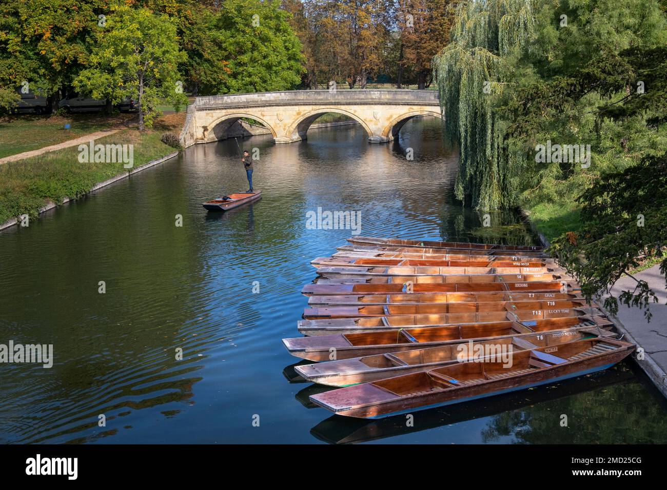 Traditional Punts on the River Cam and Trinity Bridge, Cambridge ...