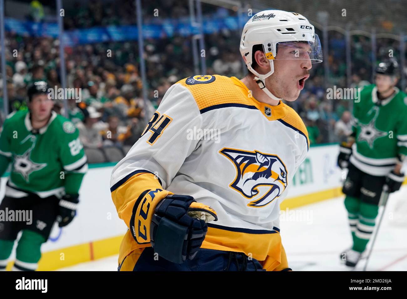Nashville Predators left wing Tanner Jeannot celebrates scoring in the ...