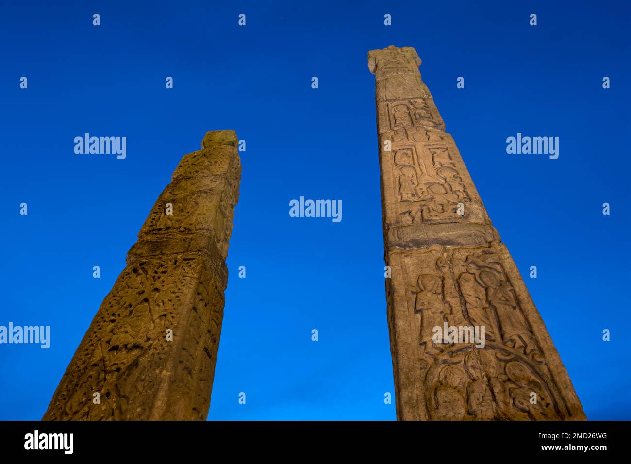 Ancient Saxon Crosses Detail at night, Market Place, Sandbach, Cheshire ...