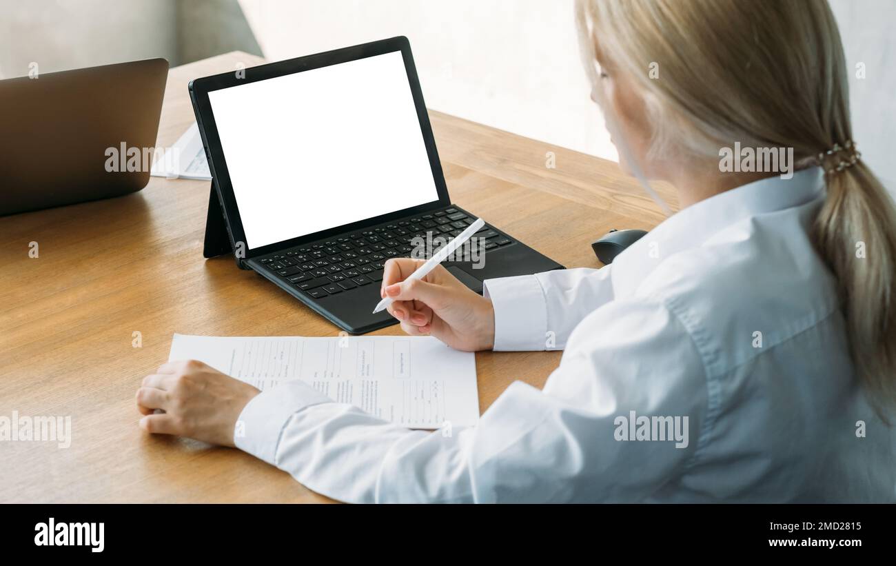 office work elegant woman computer mockup Stock Photo - Alamy