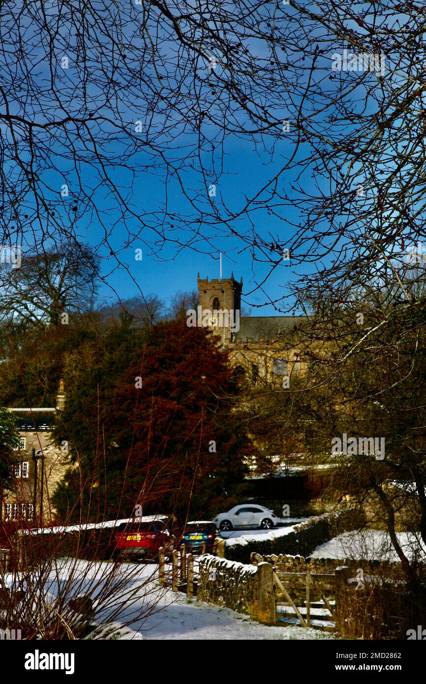 A view of Downham village on a cold winters day, Downham, Clitheroe ...
