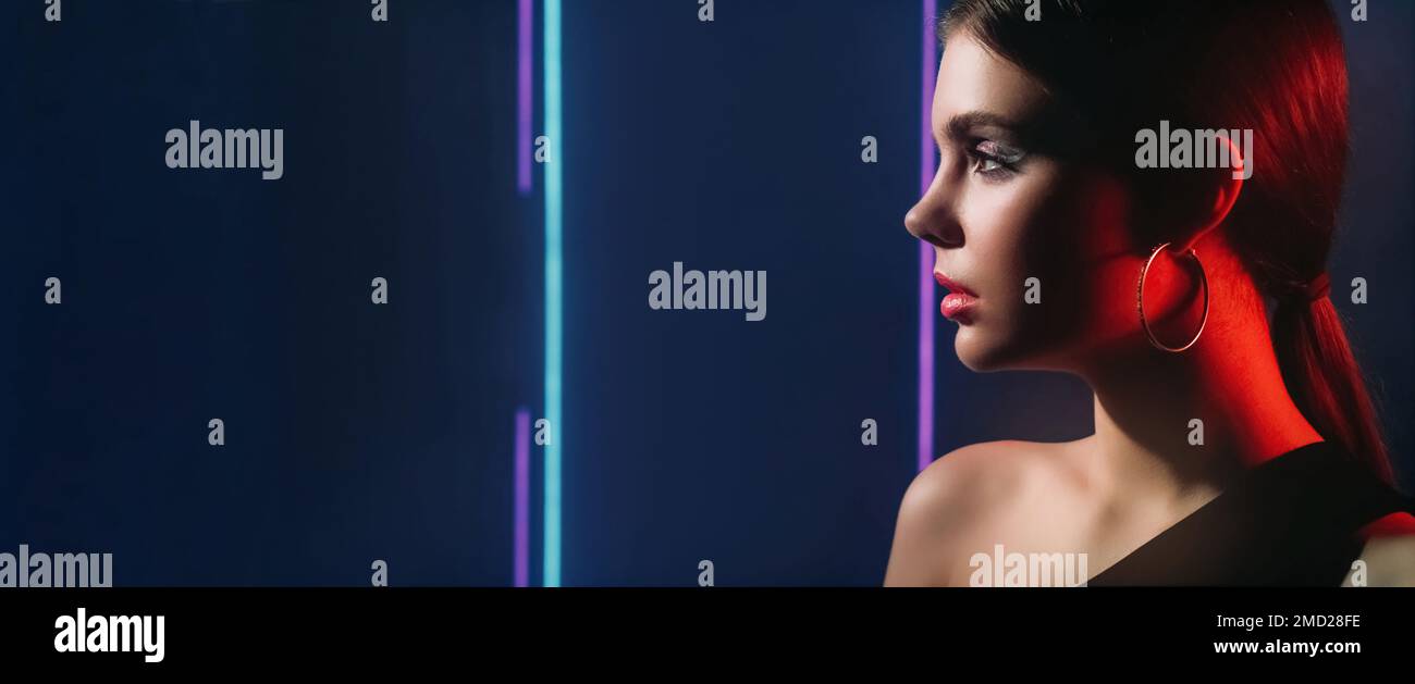 90s fashion neon beauty portrait girl model face Stock Photo - Alamy