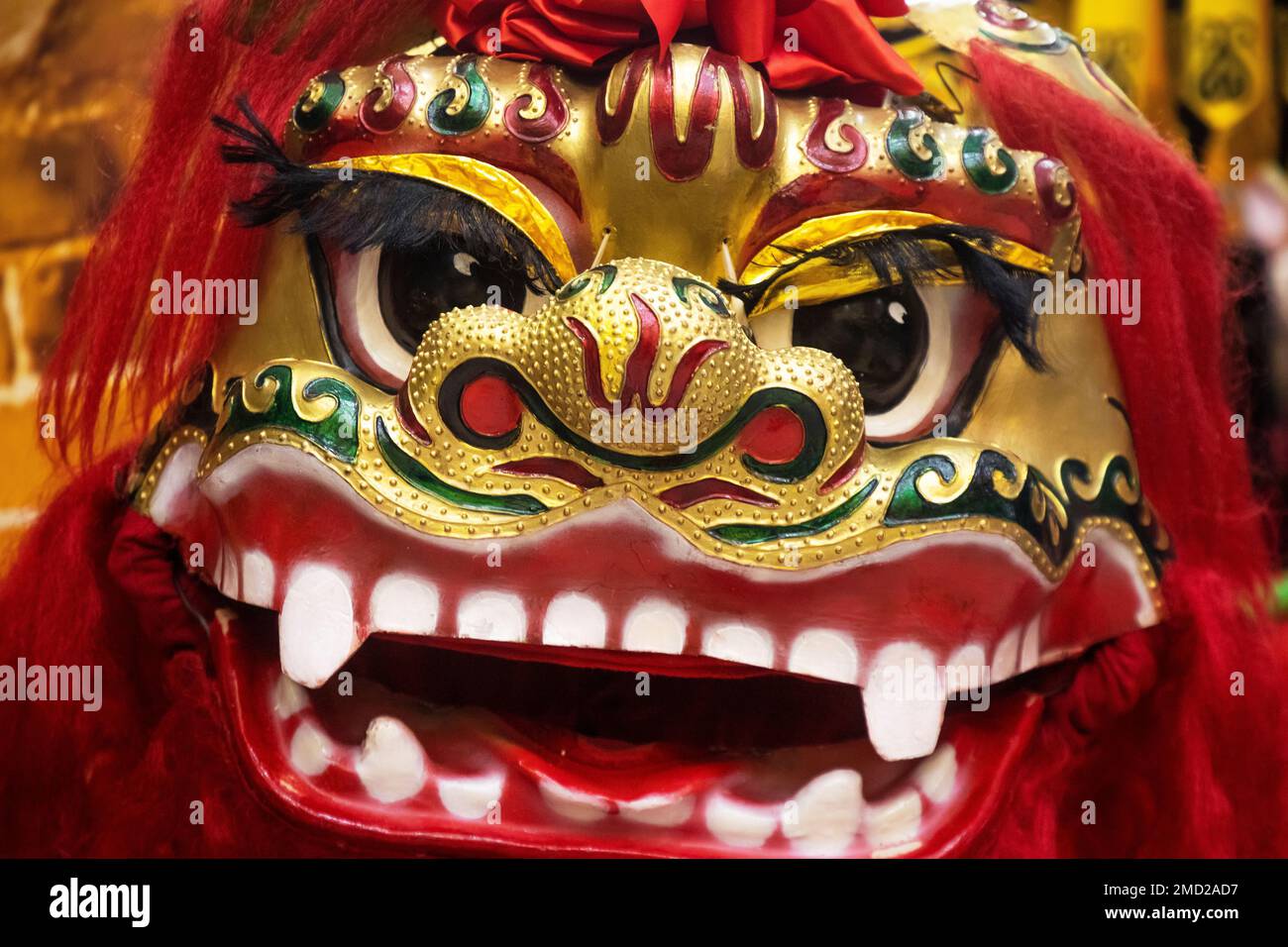 Close-up view of a Chinese lion mask during celebrations dedicated to ...