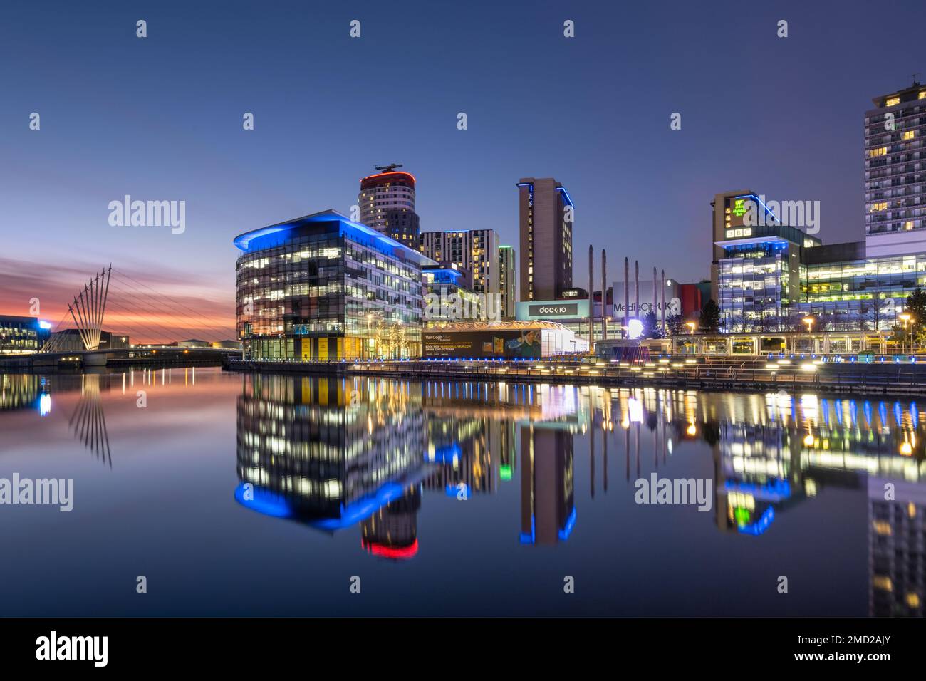 MediaCityUK reflected in North Bay at night, Salford Quays, Salford ...