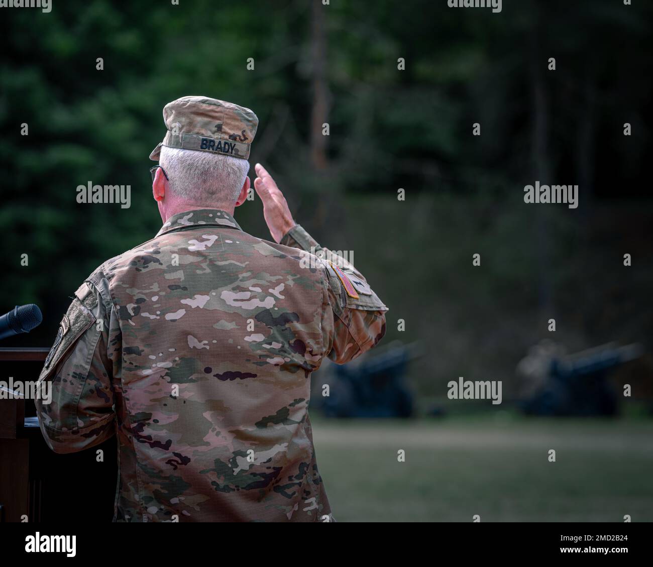 U.S. Army Maj. Gen Greg Brady gives his farewell speech during a change ...