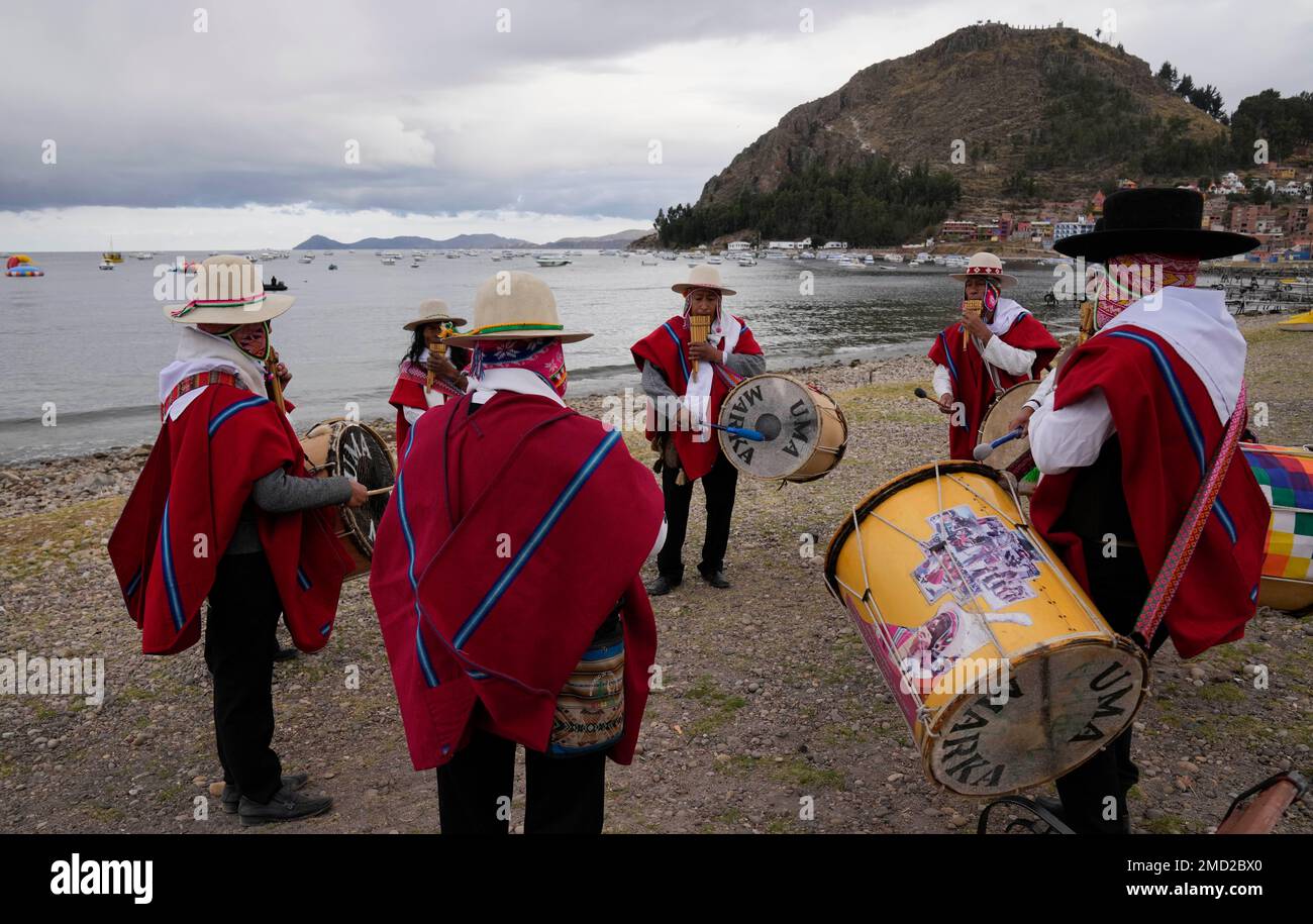 Aymara Indigenous musicians perform during a welcoming ceremony for ...