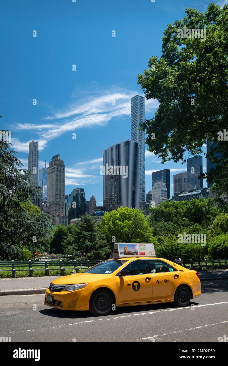 New York Yellow Cab in Central Park with New York City skyline behind ...