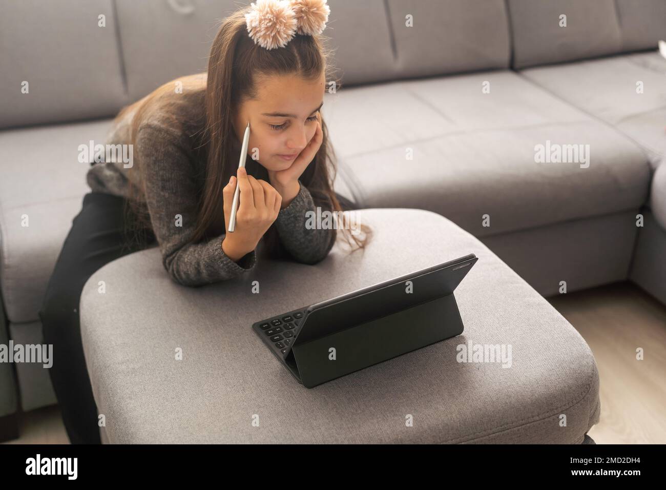 Happy smiling arab indian girl student watching learning online video ...