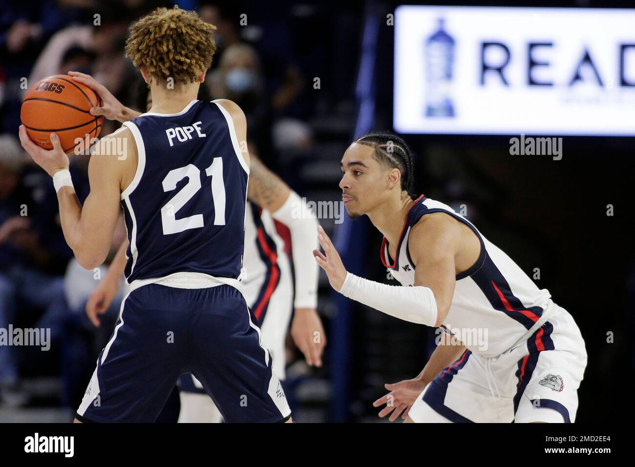Gonzaga guard Andrew Nembhard, right, defends Dixie State guard Isaiah ...