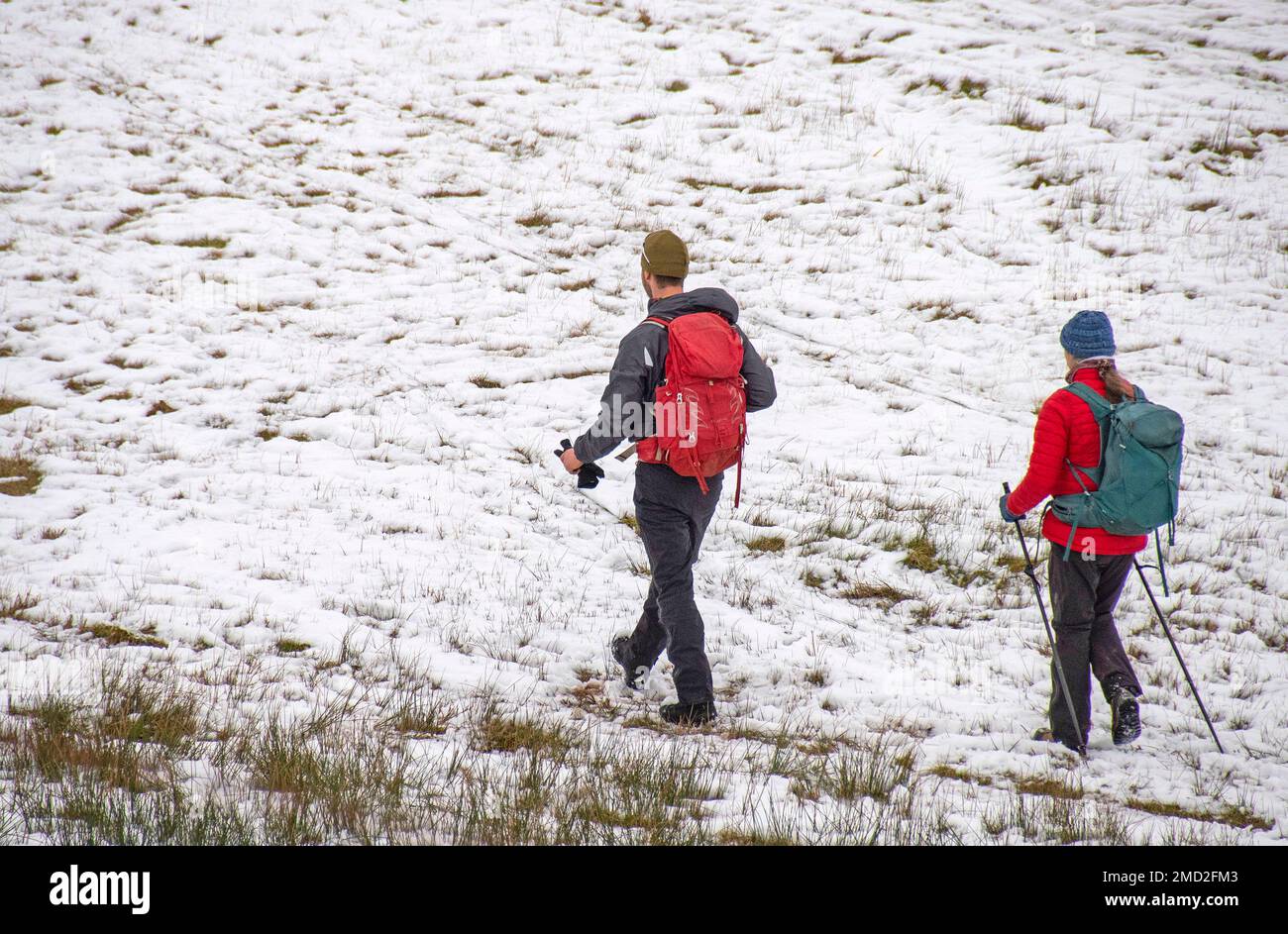 Brecon, UK. 22nd Jan, 2023. People hiking in the snow near Storey Arms ...